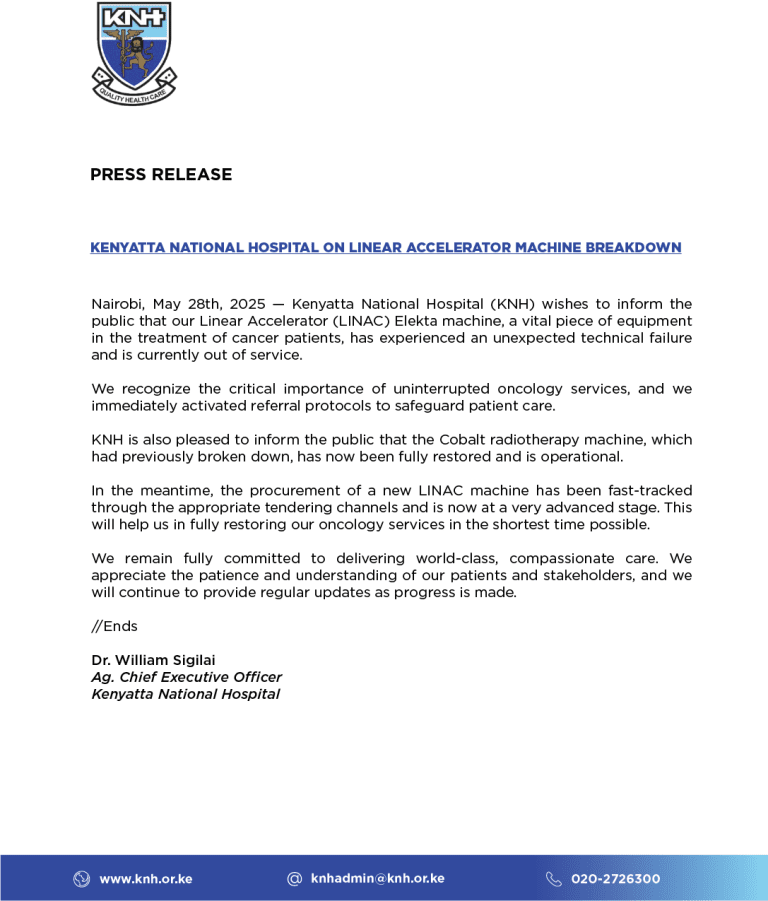 KNH breaks silence after turning away cancer patients over faulty ...