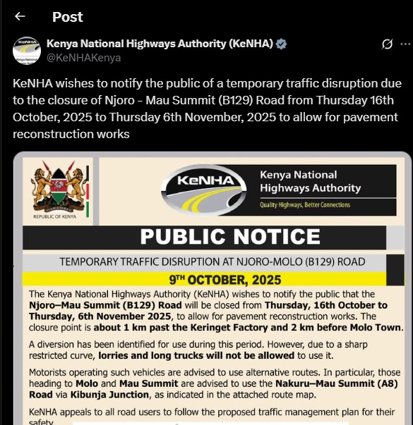 KeNHA announces temporary closure of Njoro-Mau Summit Road for 22 days - K24 Digital