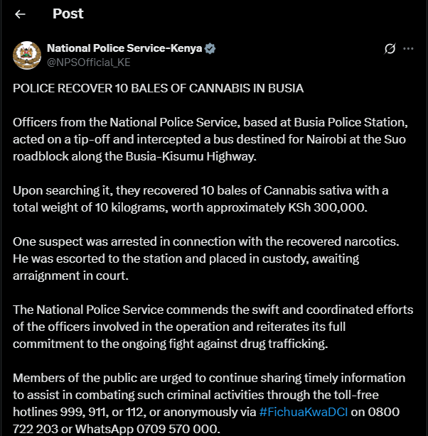 One arrested as police intercept bus ferrying bhang worth Ksh300K - K24 Digital