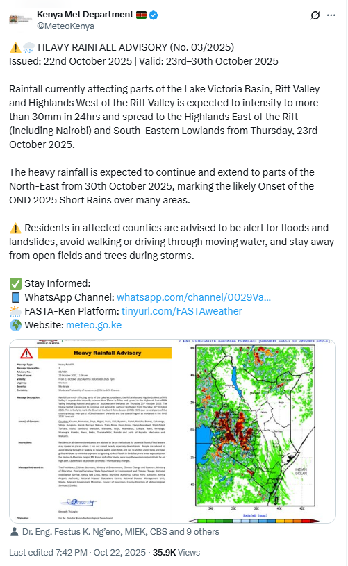 Kenya Met issues heavy rainfall alert for Nairobi and Rift Valley - K24 ...