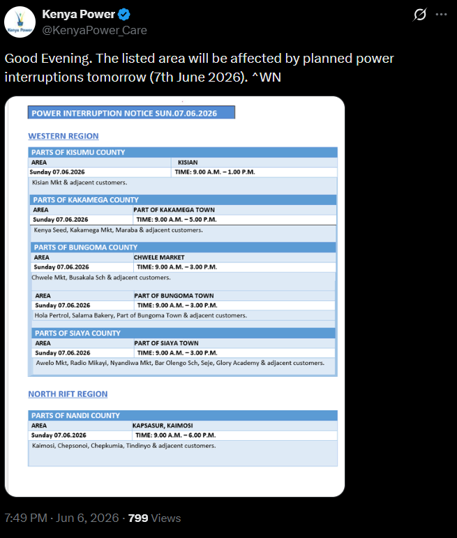 Kenya Power announces blackout in parts of 5 counties on Sunday, June 7 ...